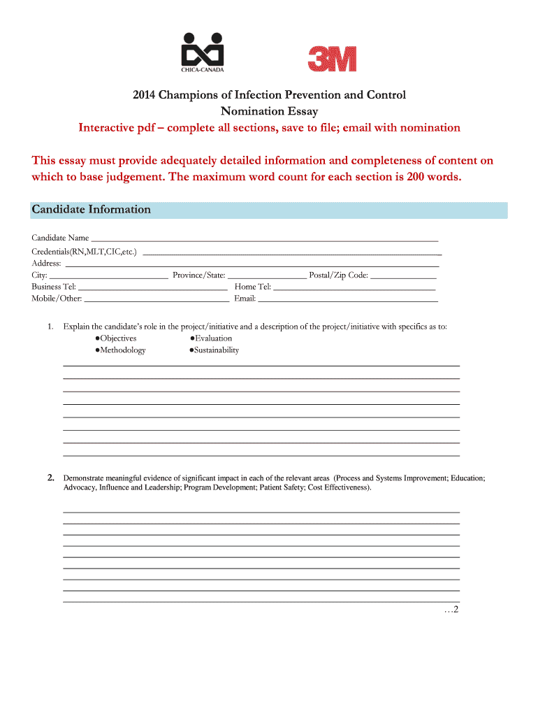 Fillable Online chica 2014 Champions of Infection Prevention and ...