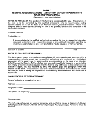 Fillable Online taftu FORM D TESTING ACCOMMODATIONS ATTENTION DEFICIT ...