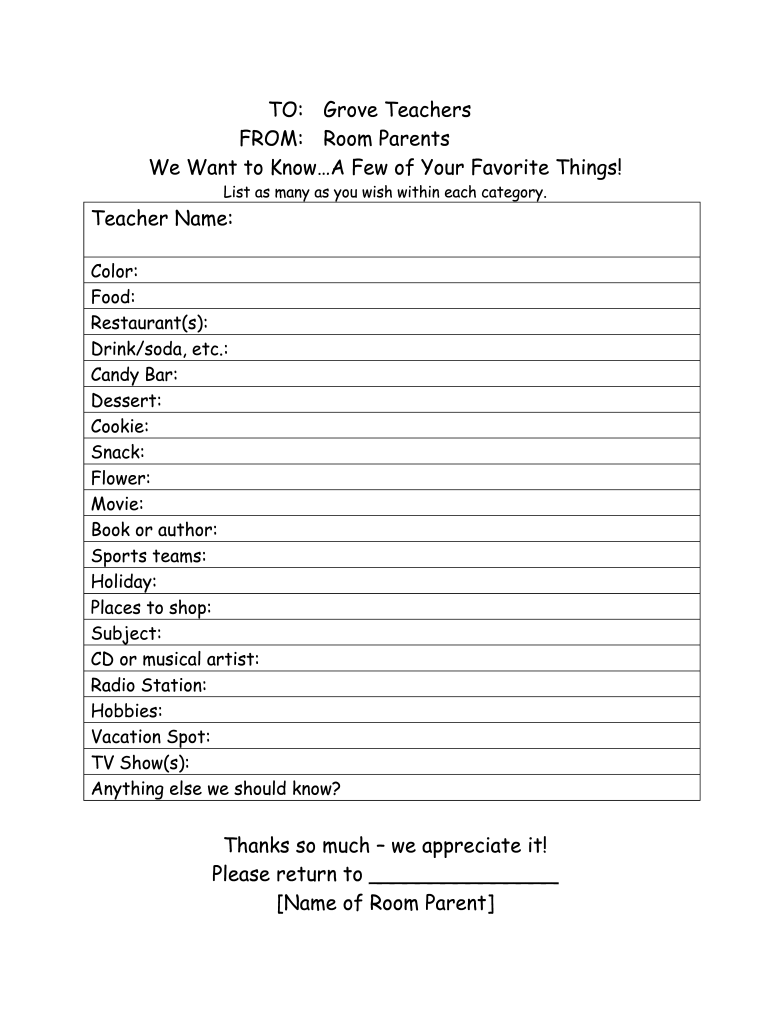 Printable Employee Favorite Things List