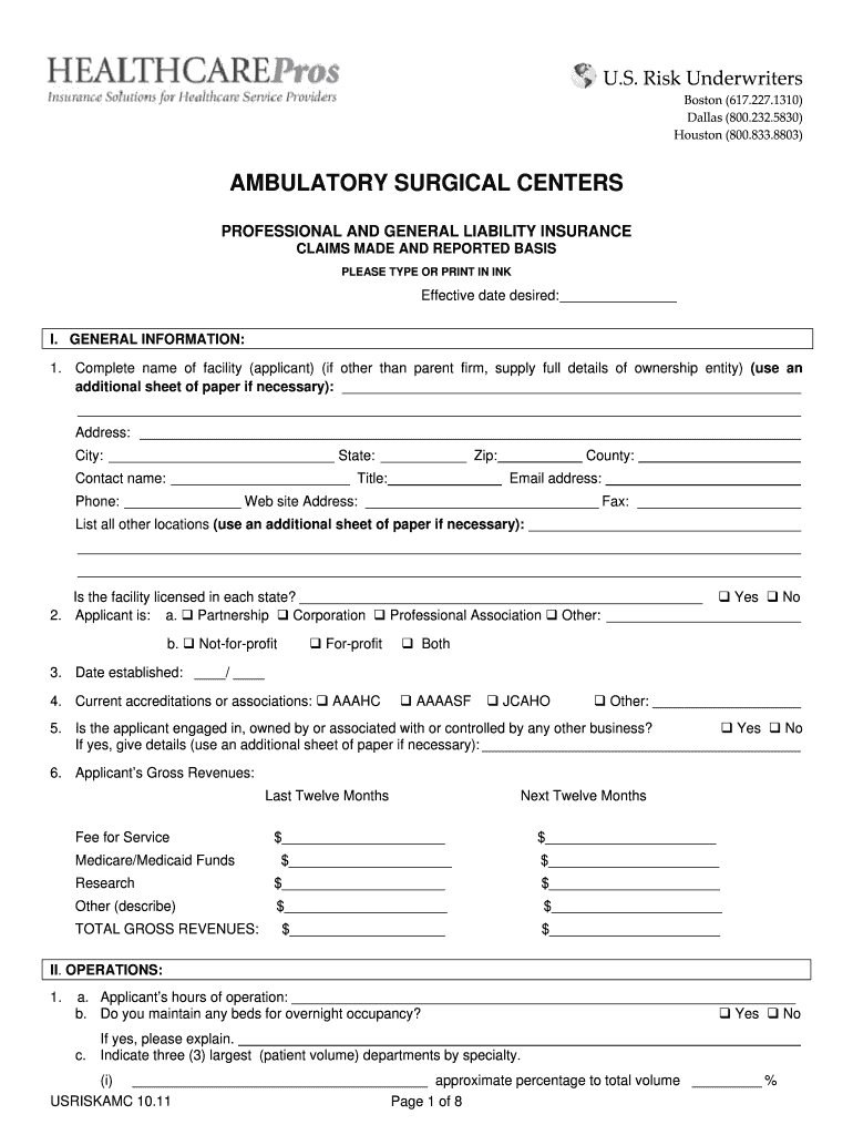 Fillable Online AMBULATORY SURGICAL CENTERS - U.S. Risk Fax Email Print ...