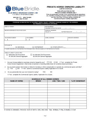 Fillable Online PRIVATE HORSE OWNERS LIABILITY - Blue Bridle Fax Email ...