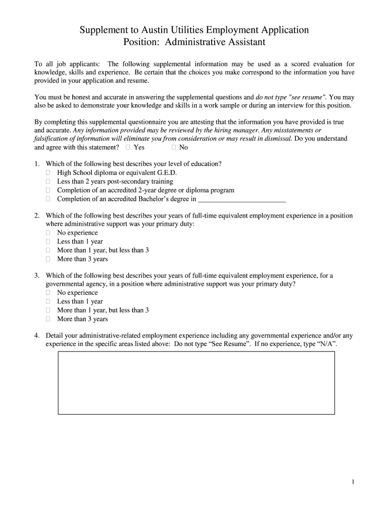 Fillable Online Supplement to Austin Utilities Employment Application ...