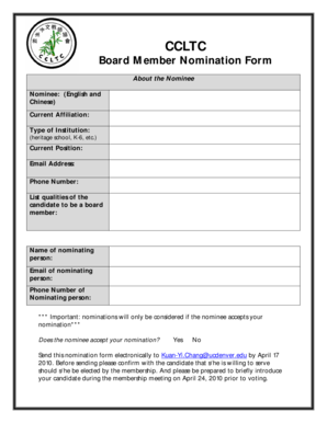 Fillable Online CCLTC Board Member Nomination Form - ccltc.org Fax ...
