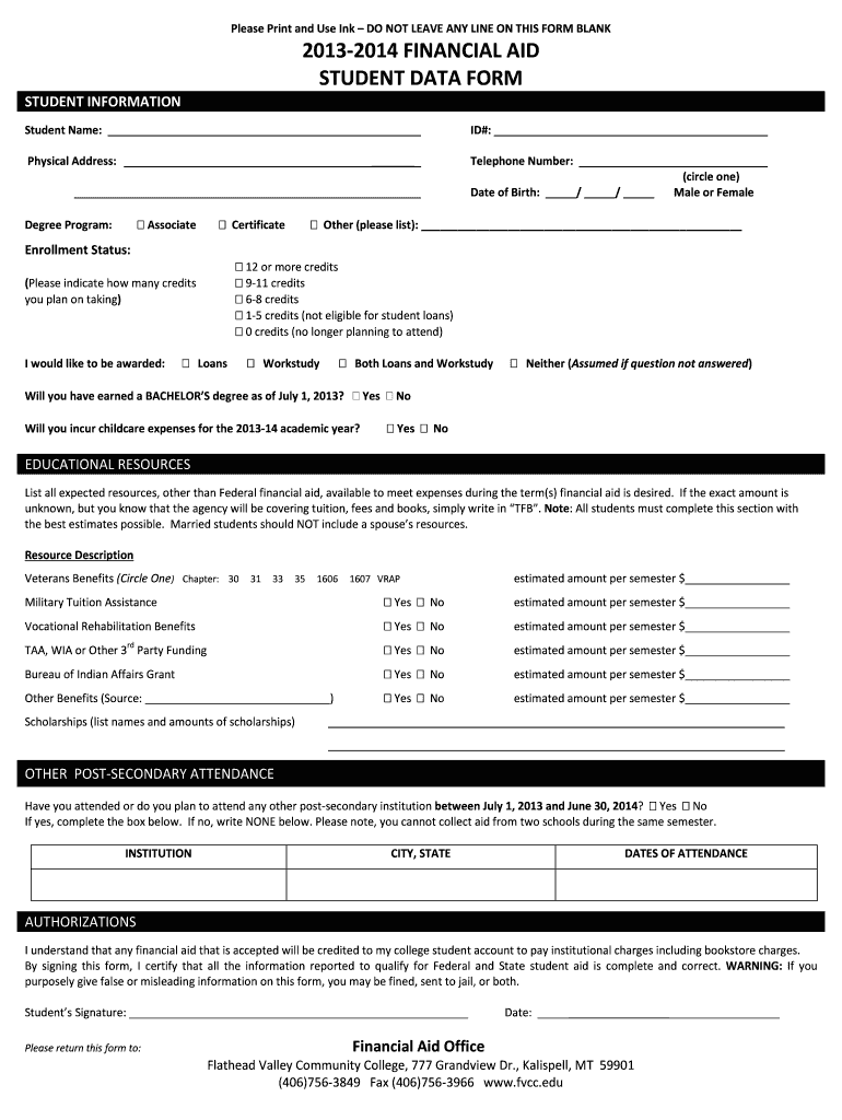 Fillable Online fvcc Please Print and Use Ink DO NOT LEAVE ANY LINE ON ...