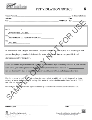 Fillable Online soroa PET VIOLATION NOTICE 6 U SE Tenant Name(s): et ...