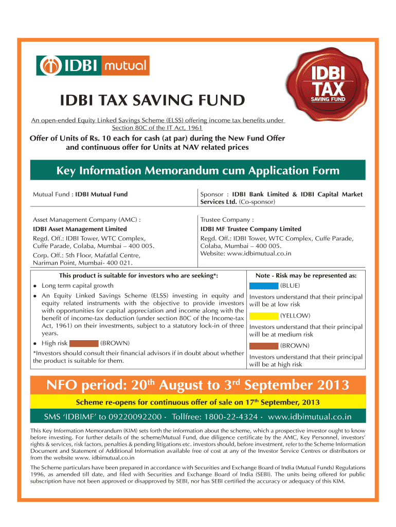 Fillable Online IDBI TAX SAVING FUND An open-ended Equity Linked ...