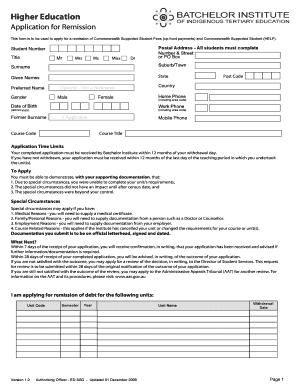Fillable Online Application for Remission form - Batchelor Institute of ...