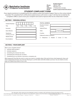 Fillable Online Student complaint form - Batchelor Institute of ...