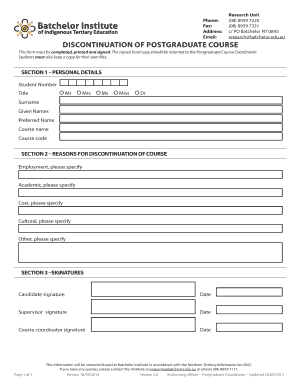 Fillable Online DISCONTINUATION OF POSTGRADUATE COURSE Fax Email Print ...