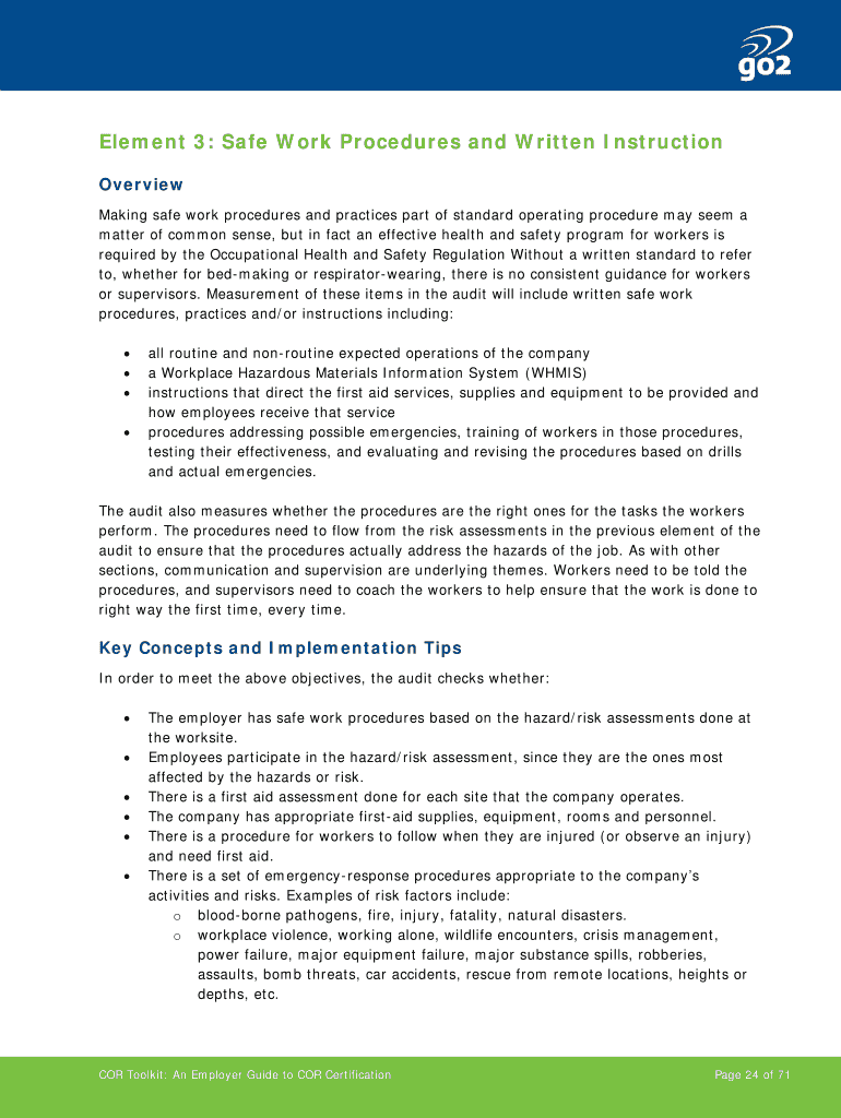 Fillable Online Element 3: Safe Work Procedures and Written Instruction Fax Email Print - pdfFiller
