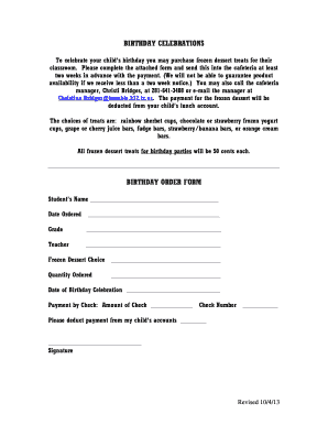 Fillable Online BIRTHDAY CELEBRATIONS BIRTHDAY ORDER FORM Fax Email ...