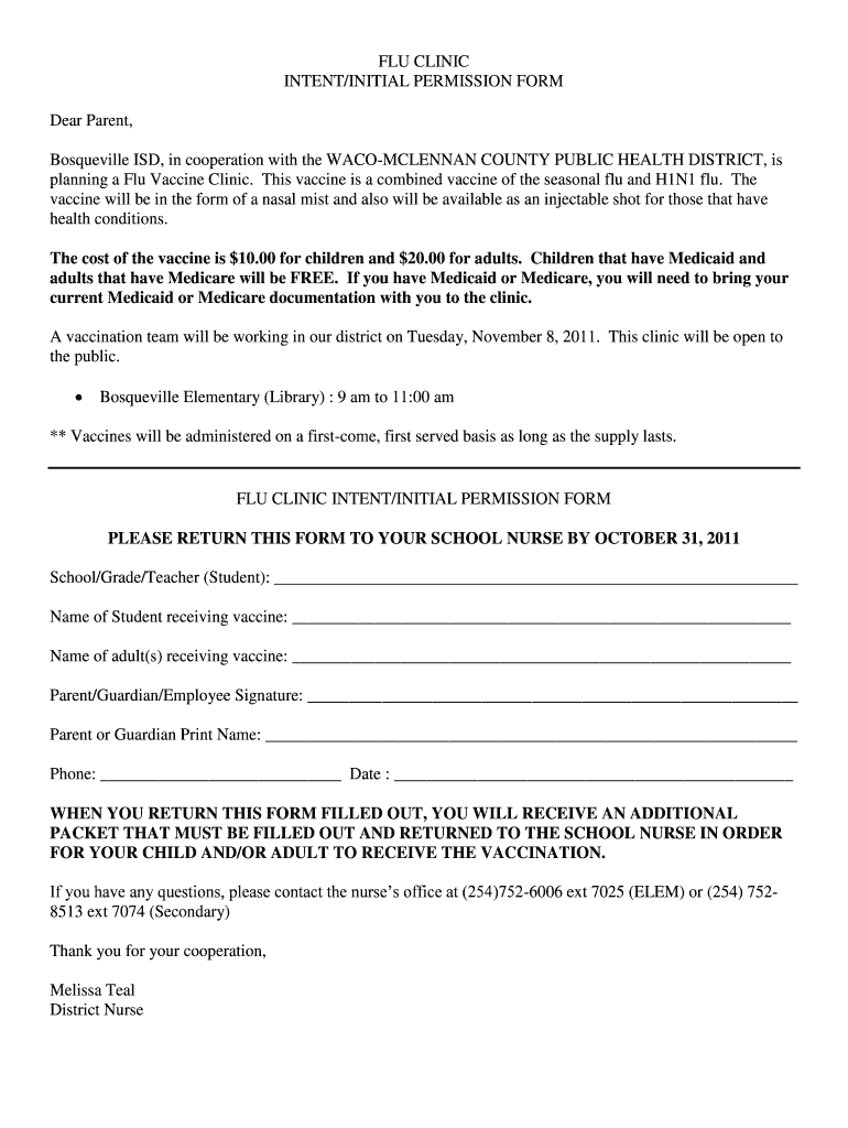Fillable Online bosqueville k12 tx FLU CLINIC INTENT/INITIAL PERMISSION ...