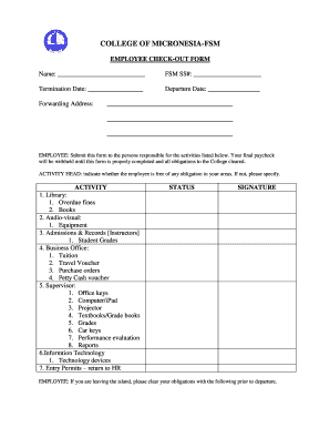 Fillable Online Employee Checkout Form - College of Micronesia - FSM ...