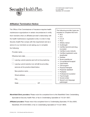Fillable Online securityhealth Affiliation Termination Notice ...