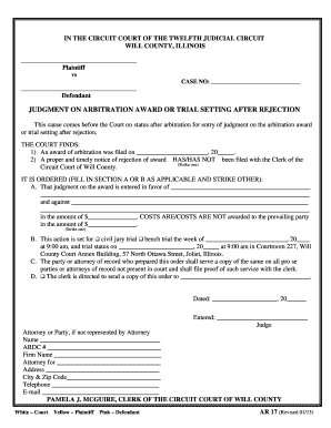 Fillable Online Judgment on arbitration award or trial setting after ...