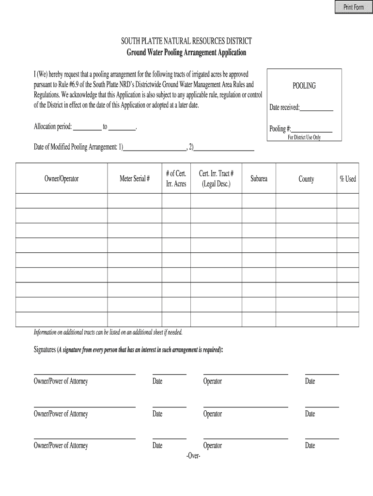 Fillable Online spnrd Pooling Arrangement bApplicationb - South Platte Natural Resources bb Fax ...
