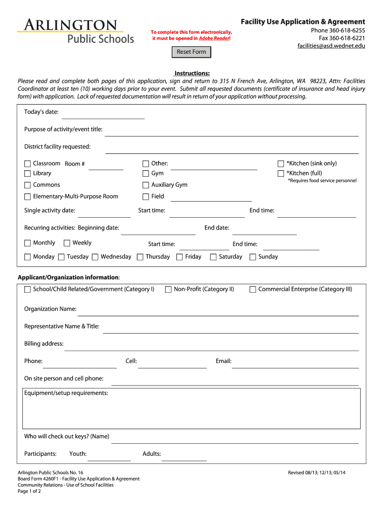 Fillable Online asd wednet Facility Use bApplicationb amp Agreement - Arlington Public Schools ...