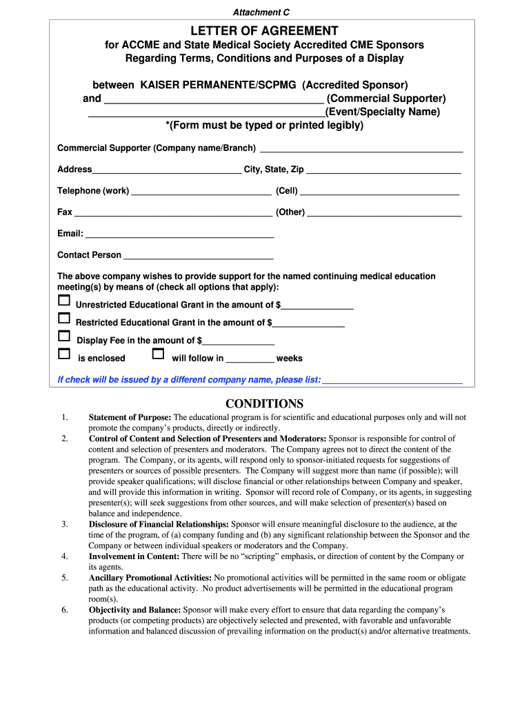 Fillable Online Attachment C LETTER OF AGREEMENT for ACCME and State ...