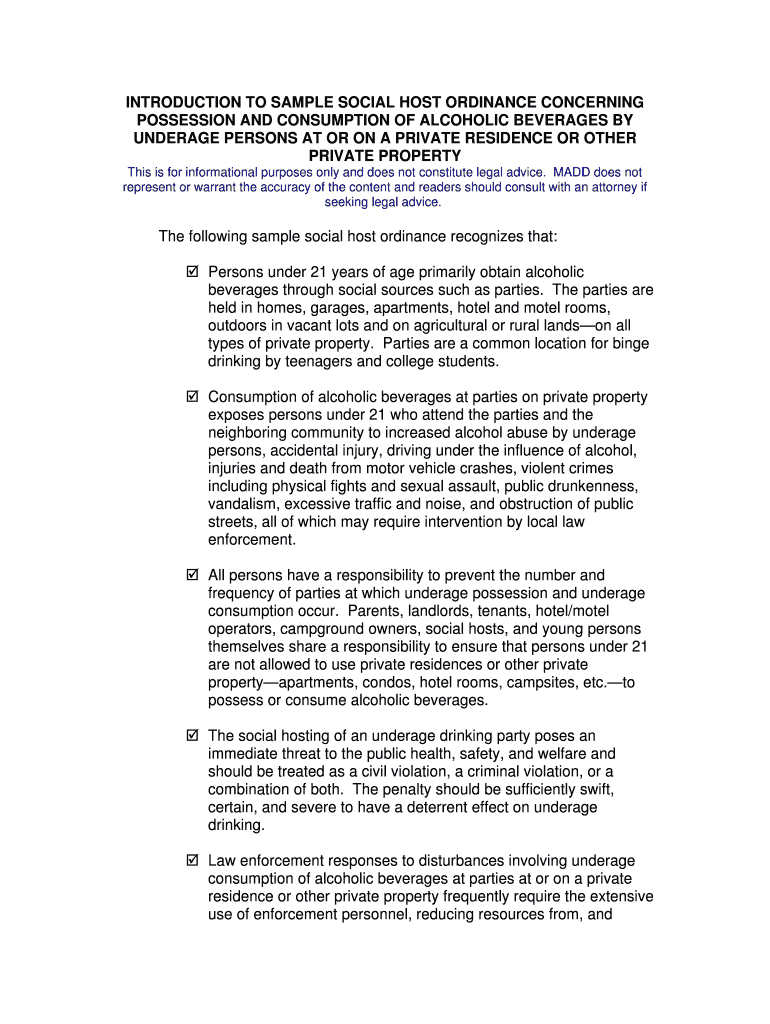 Fillable Online MADD Sample Social Host Ordinance - Myctborg Fax Email ...
