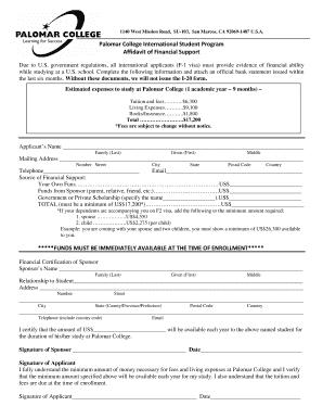 Fillable Online palomar Affidavit of Support - Palomar College Fax Email Print - pdfFiller