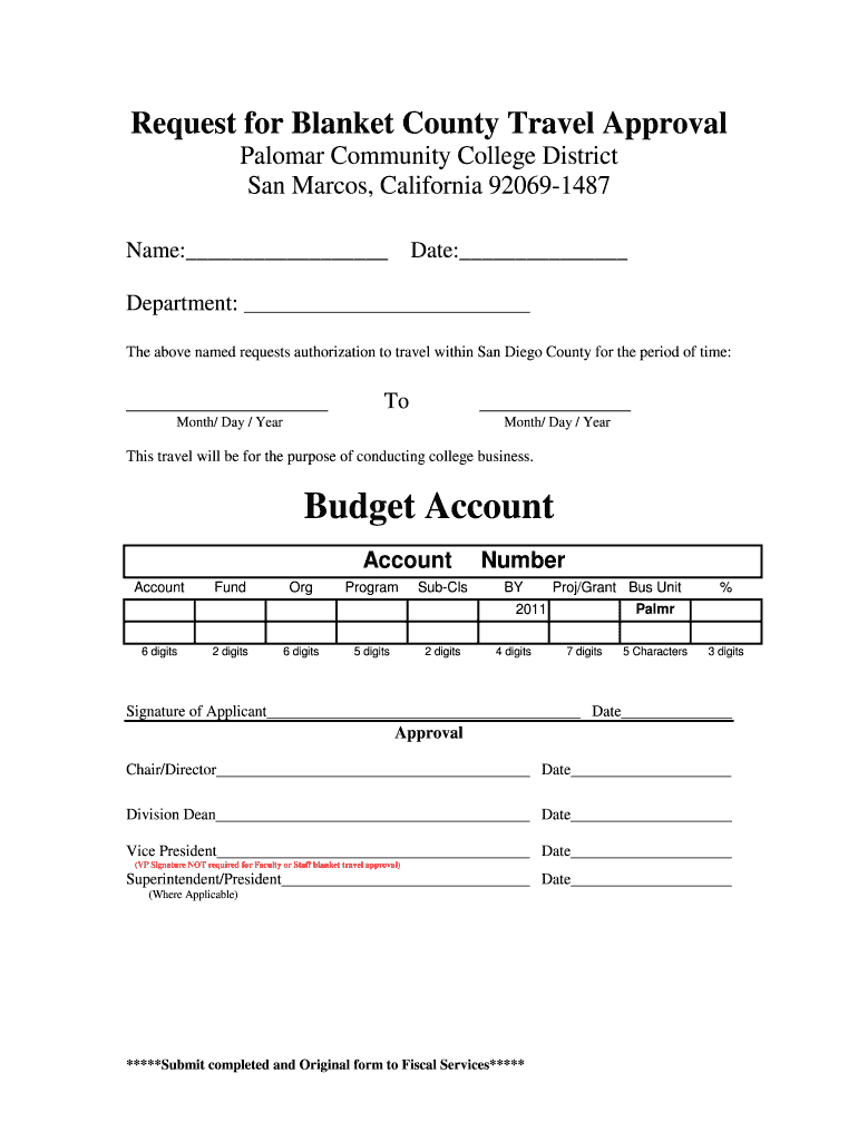 Fillable Online palomar Request for Blanket County Travel Approval - Palomar College Fax Email ...