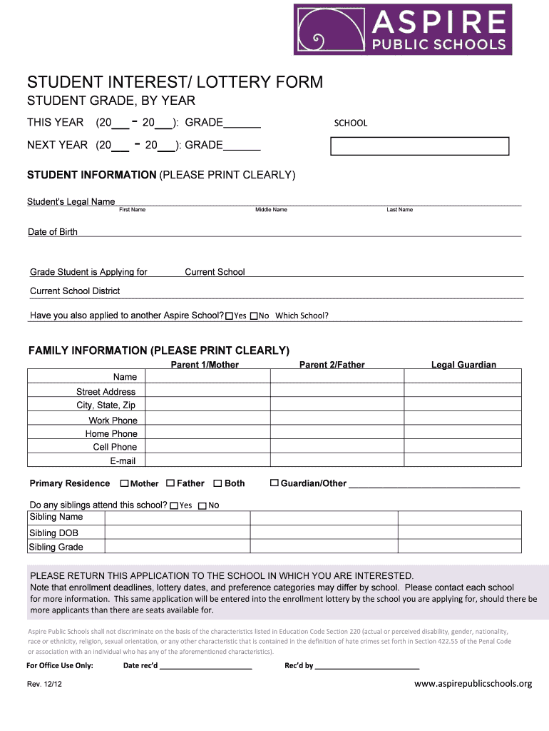 Fillable Online STUDENT INTEREST/ LOTTERY FORM - Aspire Public Schools ...