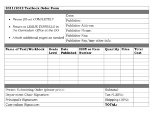Fillable Online 2011/2012 Textbook Order Form Fax Email Print - pdfFiller