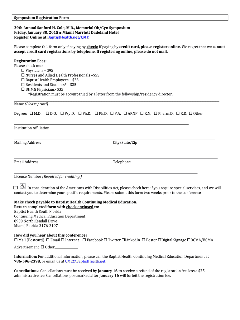 Fillable Online Symposium Registration Form 29th Annual Sanford H. Cole, M.D. ... Fax Email ...