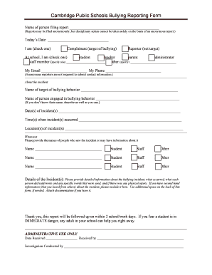 Fillable Online Cambridge Public Schools Bullying Reporting Form Fax ...