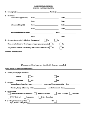 Fillable Online Bullying Investigation Form - Cambridge Public Schools ...