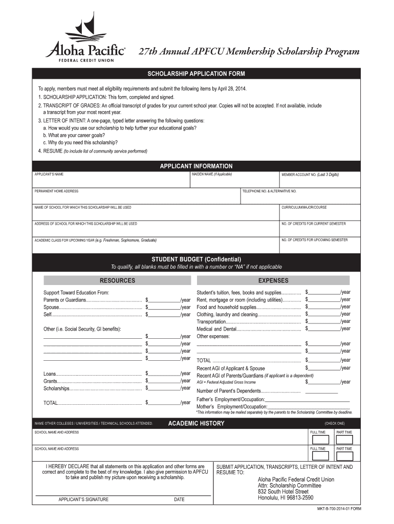 Fillable Online 2014 bApplicationb - Aloha Pacific Federal Credit Union ...