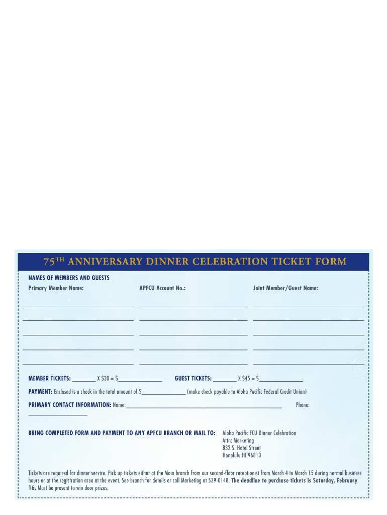 Fillable Online 75T AvvIVERSARu DIvvER CELEBRATIOv TICET FOR Fax Email ...