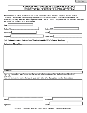 Fillable Online gntc Student Code of Conduct Complaint Form - Georgia ...