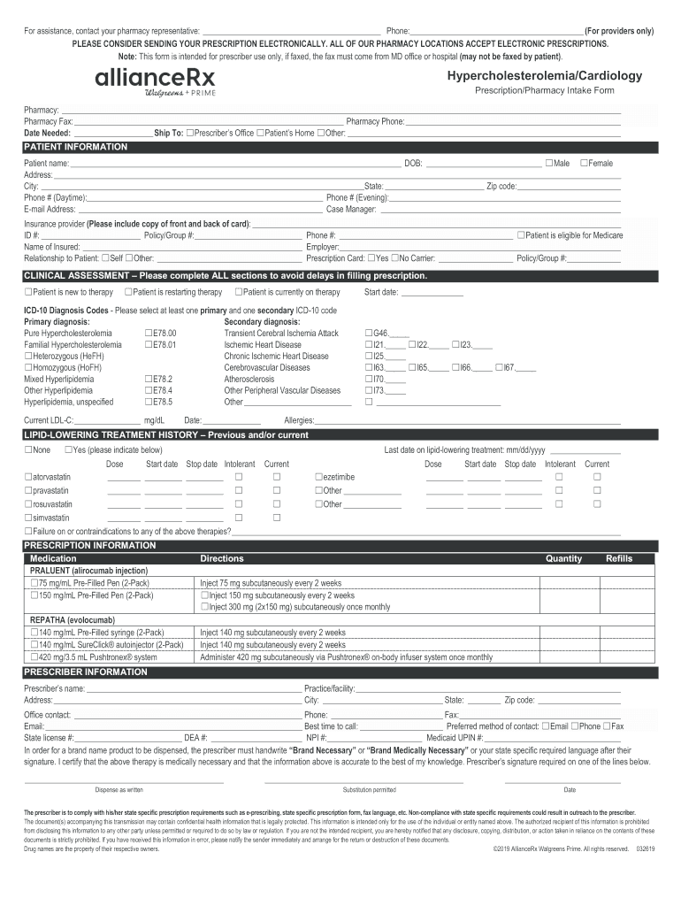 Fillable Online Hypercholesterolemia/Cardiology Prescription/Pharmacy ...
