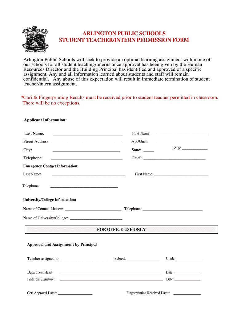 Fillable Online STUDENT TEACHER/INTERN PERMISSION FORM Fax Email Print ...