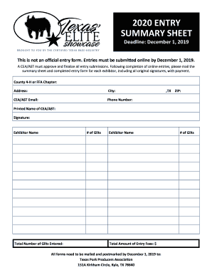 Fillable Online 2020 entry summary sheet - Texas' Elite Showcase Fax ...