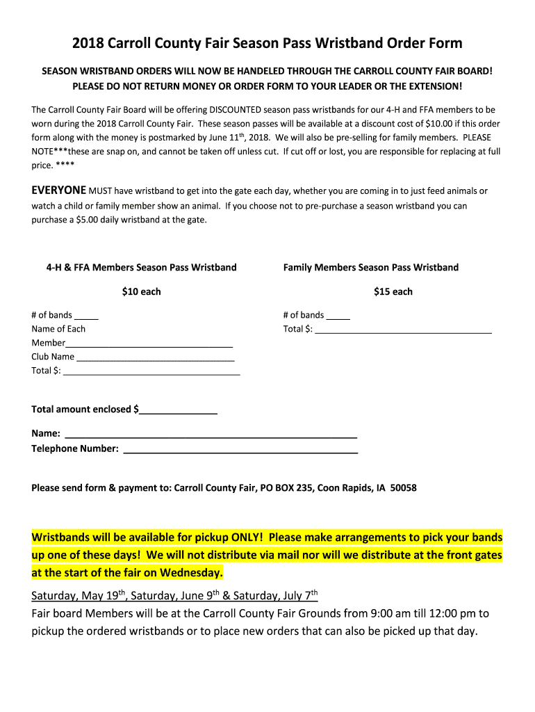 Fillable Online 2018 Carroll County Fair Season Pass Wristband Order ...