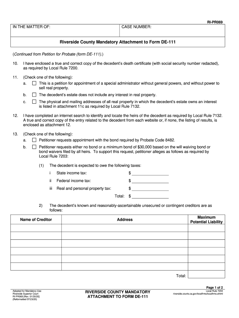 Fillable Online Riverside County Mandatory Attachment to Form DE-111 ...