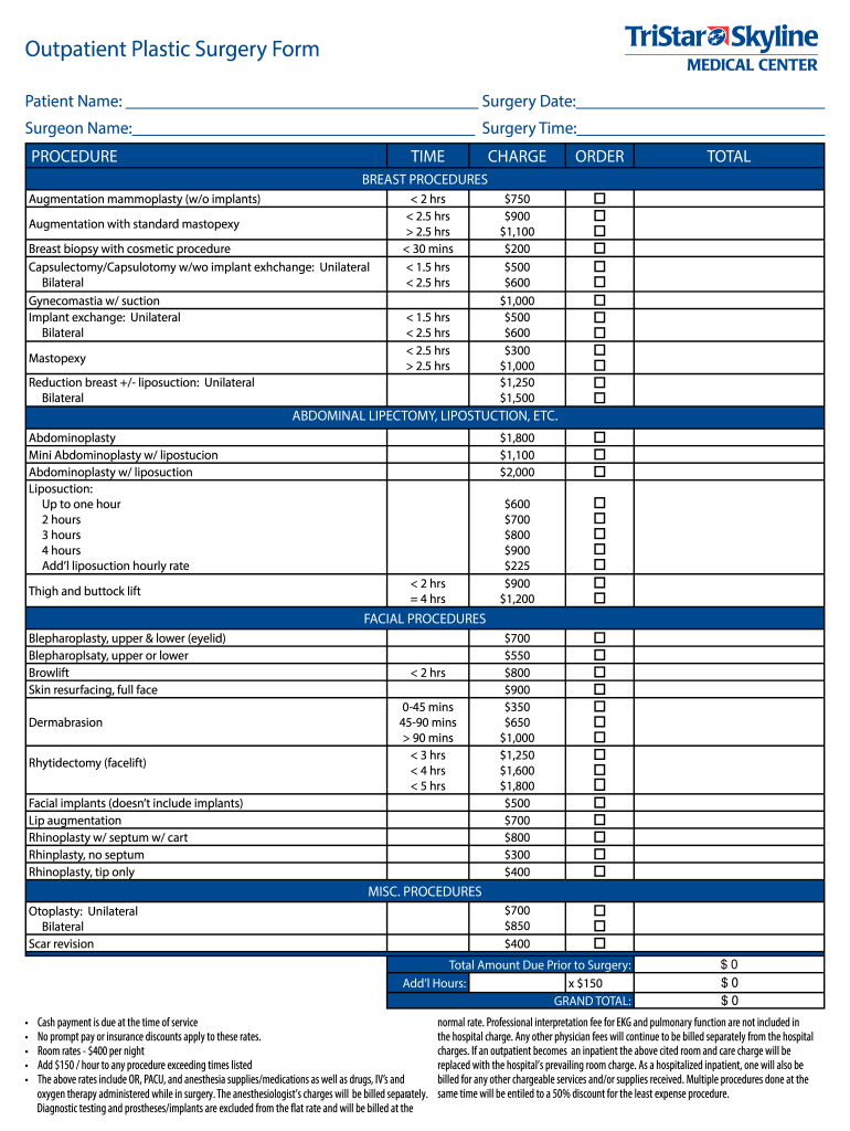 Fillable Online Outpatient Plastic Surgery Form. Plastic Surgery Form ...