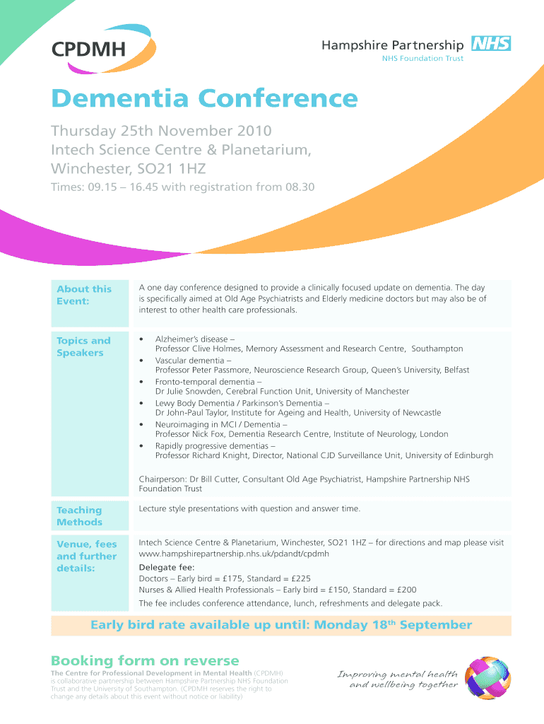 Fillable Online Dementia Conference - Southern Health NHS Foundation Trust Fax Email Print ...