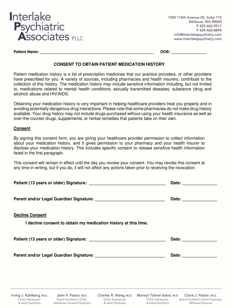 Fillable Online CONSENT TO OBTAIN PATIENT MEDICATION HISTORY Fax Email ...