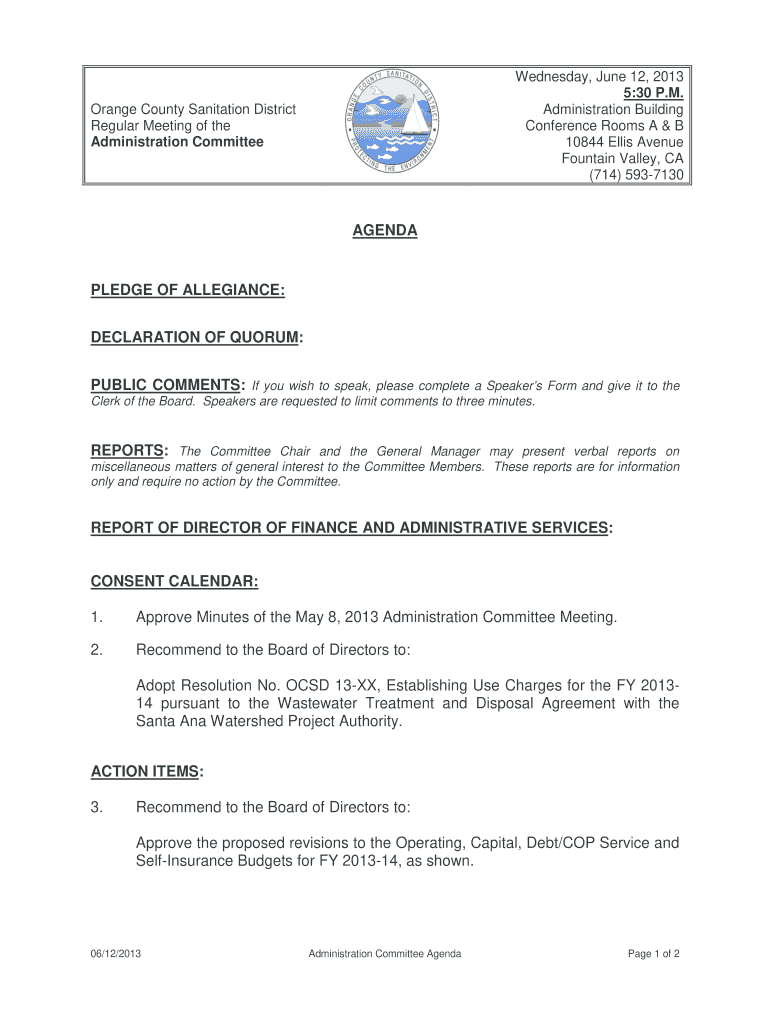 Fillable Online AGENDA PLEDGE OF ALLEGIANCE: DECLARATION OF QUORUM ...