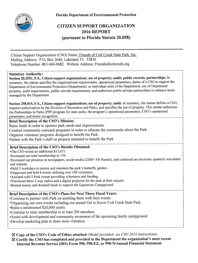 Fillable Online Friends of Colt Creek State Park Inc.. 2016 CSO Report ...