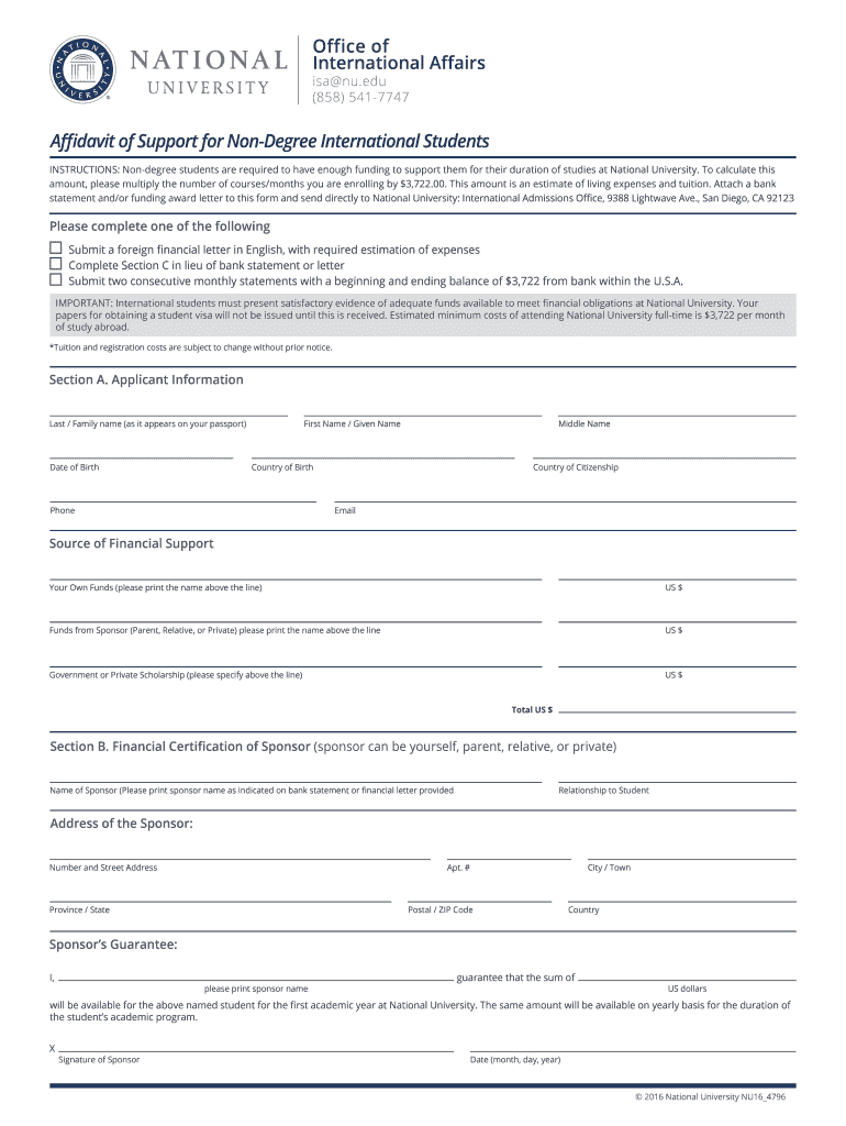 Fillable Online Affidavit of Support for Non-Degree International ...