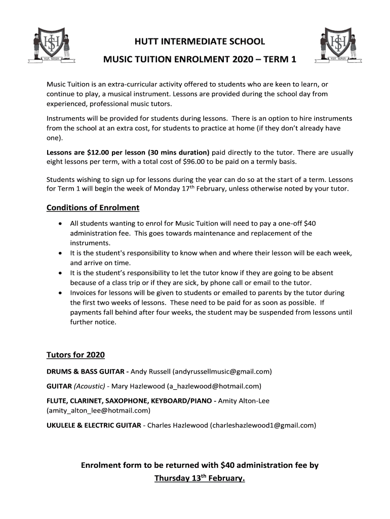 Fillable Online HUTT INTERMEDIATE SCHOOL MUSIC TUITION ENROLMENT 2020 ...