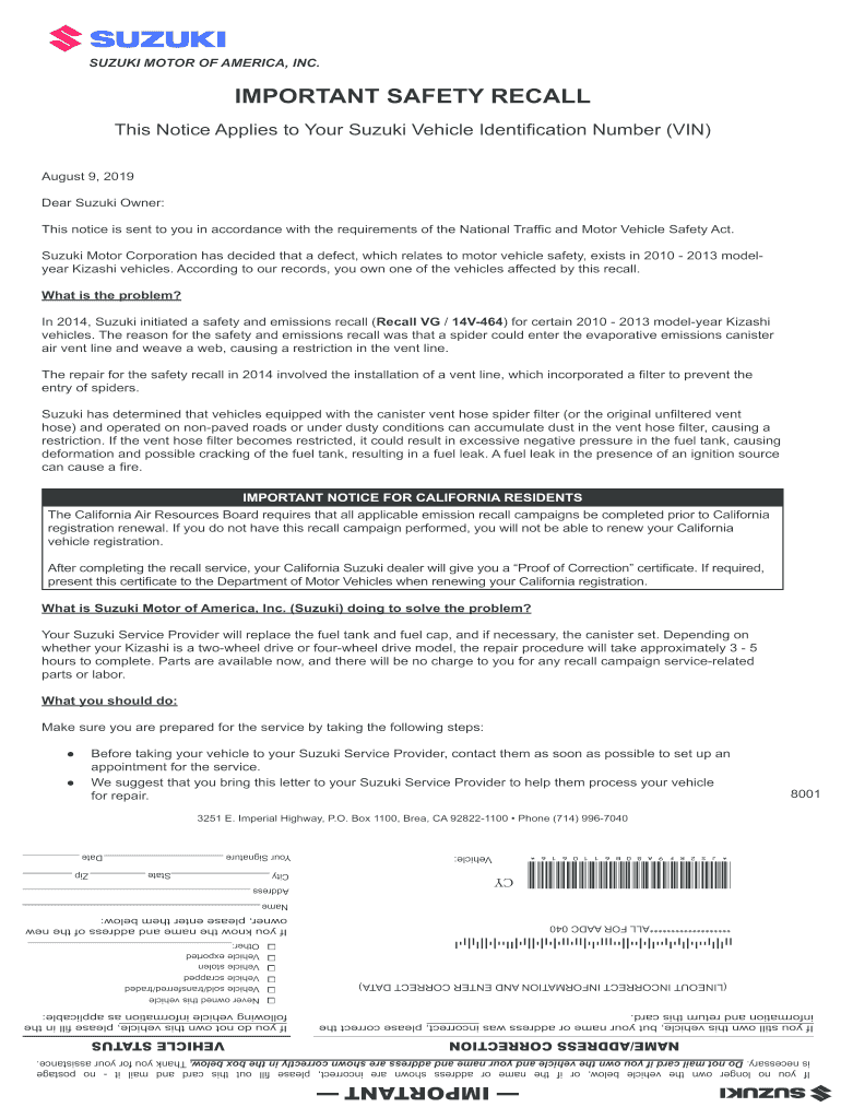 Fillable Online This Notice Applies to Your Suzuki Vehicle ...