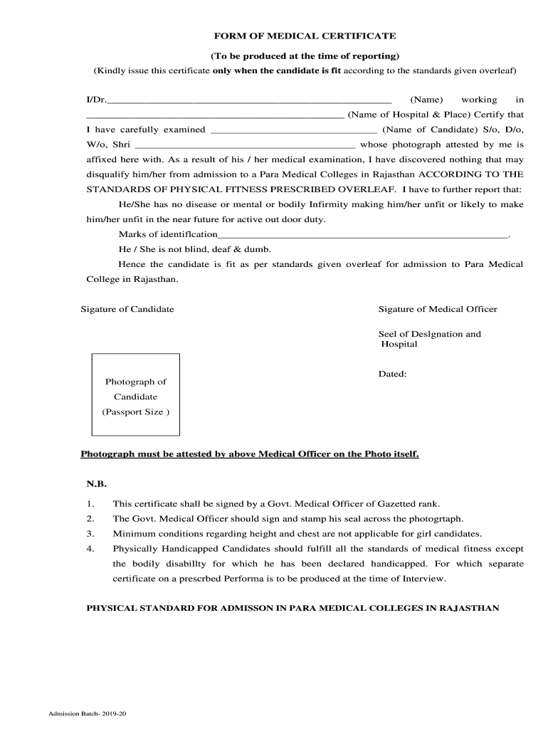 Fillable Online FORM OF MEDICAL CERTIFICATE (To be produced at the ...