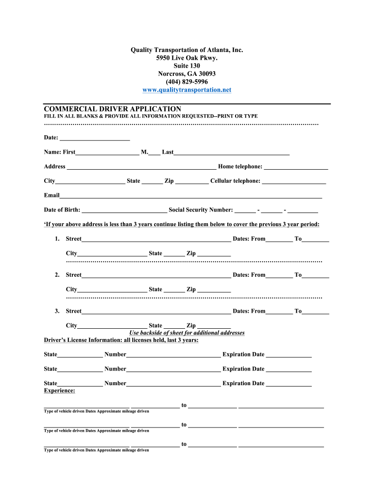 Fillable Online COMMERCIAL DRIVER APPLICATION - Quality Transportation ...