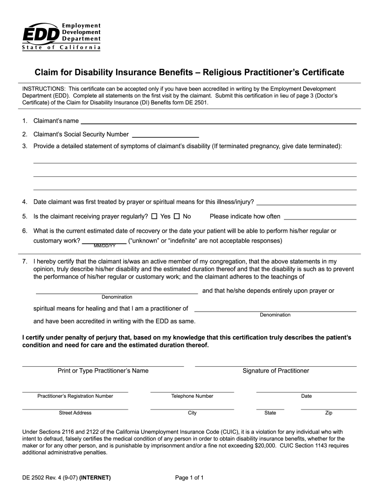 Fillable Online Claim for Disability Insurance BenefitsReligious ...