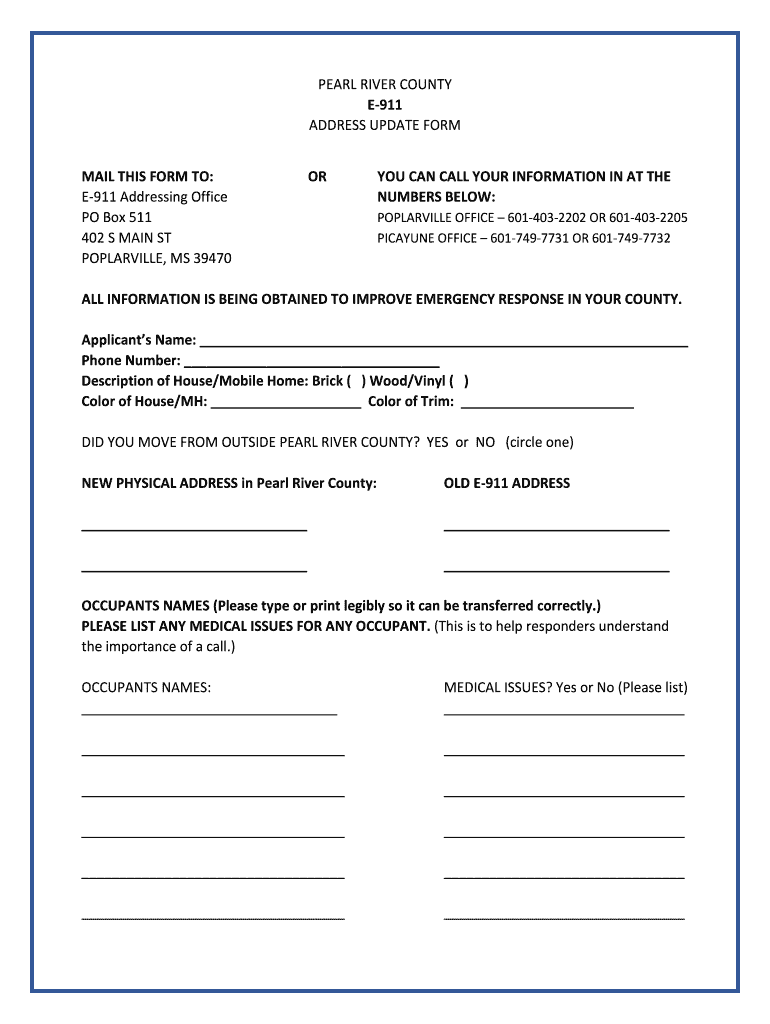 Fillable Online PEARL RIVER COUNTY E-911 ADDRESS UPDATE FORM MAIL ...